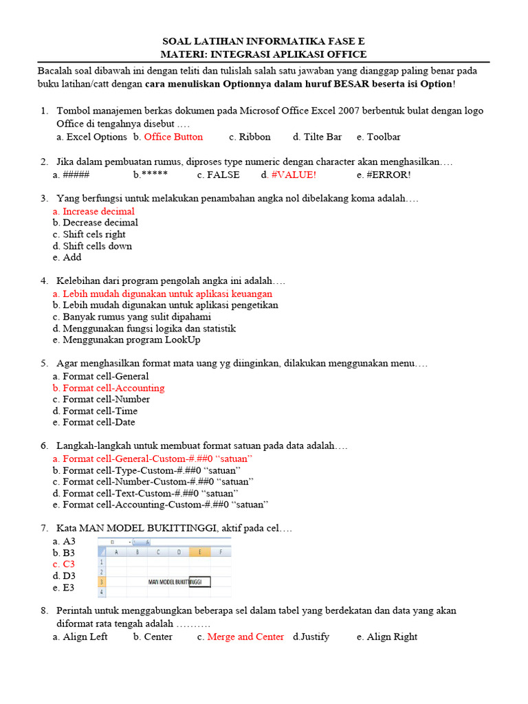 Soal Latihan Informatika Integrasi Aplikasi Office Fase E | PDF