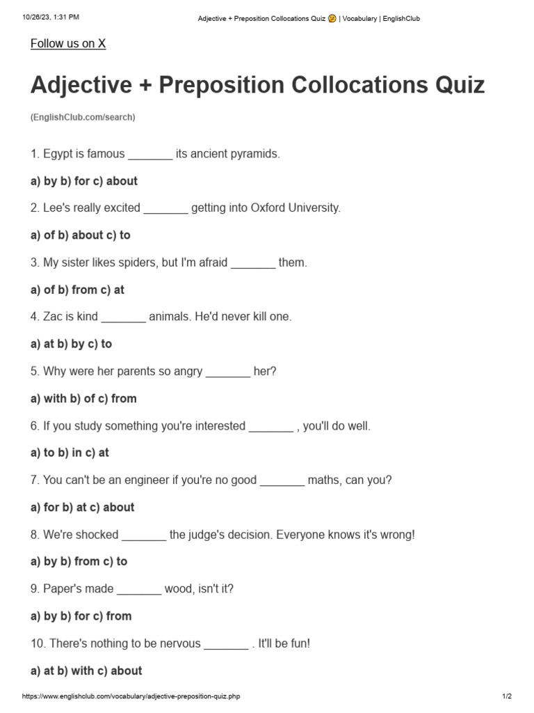 Adjective + Preposition Collocations Quiz ? - Vocabulary - EnglishClub ...