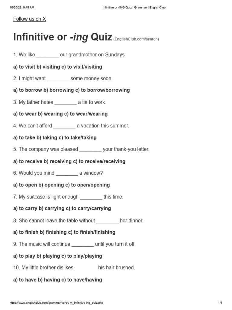Infinitive or - InG Quiz - Grammar - EnglishClub | PDF