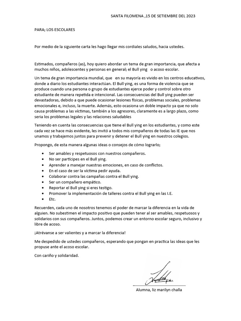 Carta Del Acoso Escolar Bulling Gaaa Pdf