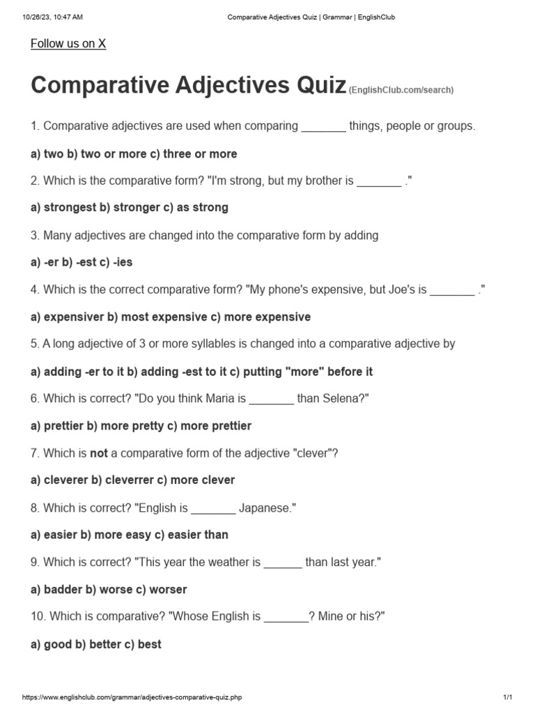 Comparative Adjectives Quiz - Grammar - EnglishClub | PDF | Language ...