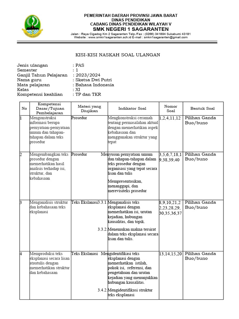 Kisi Kisi Soal B.indo Kelas XI Sketsa DP | PDF