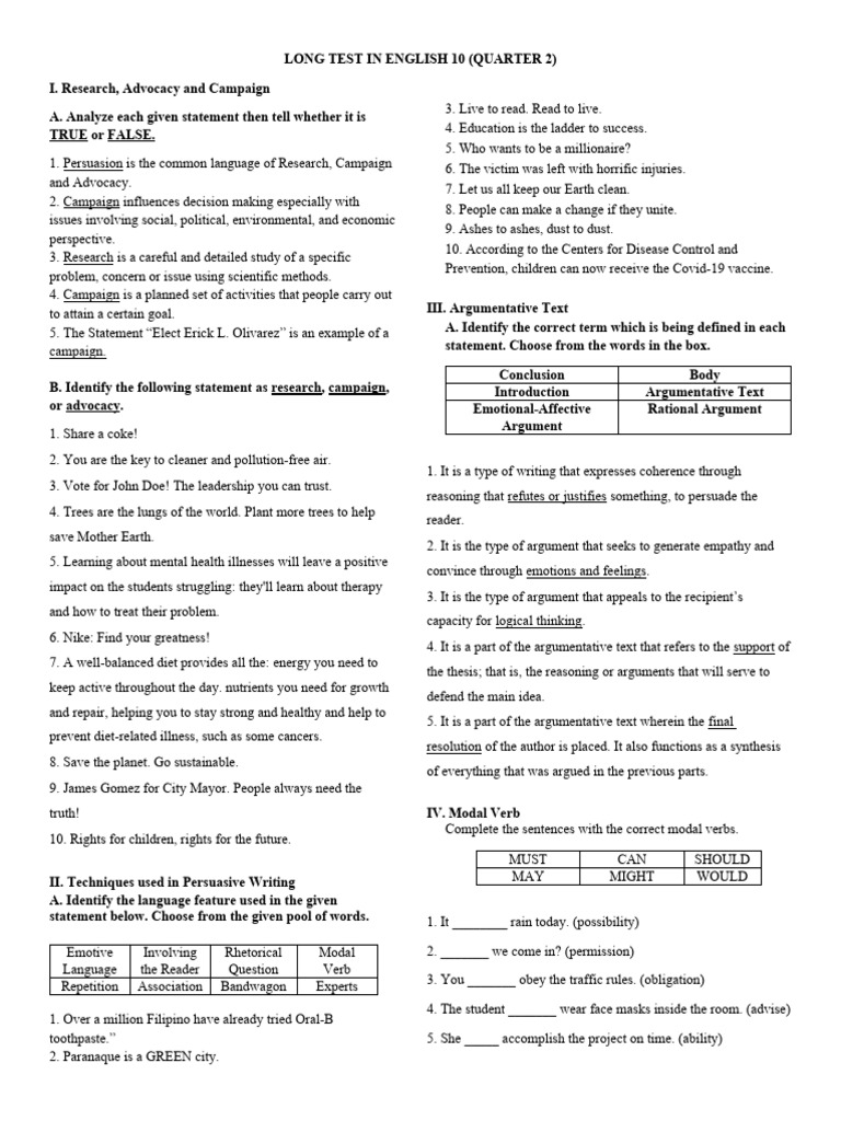LONG TEST IN Advocacy | PDF | Argument | Persuasion