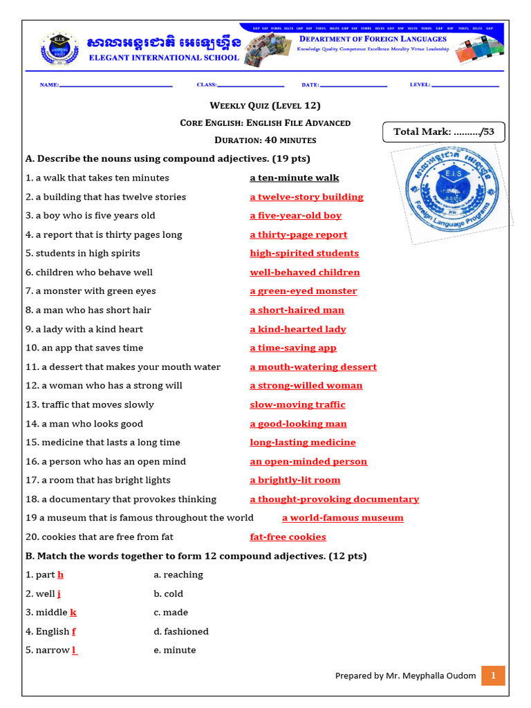 Weekly Quiz Compound Adjective LV 12 | PDF | Grammar | Linguistic Typology