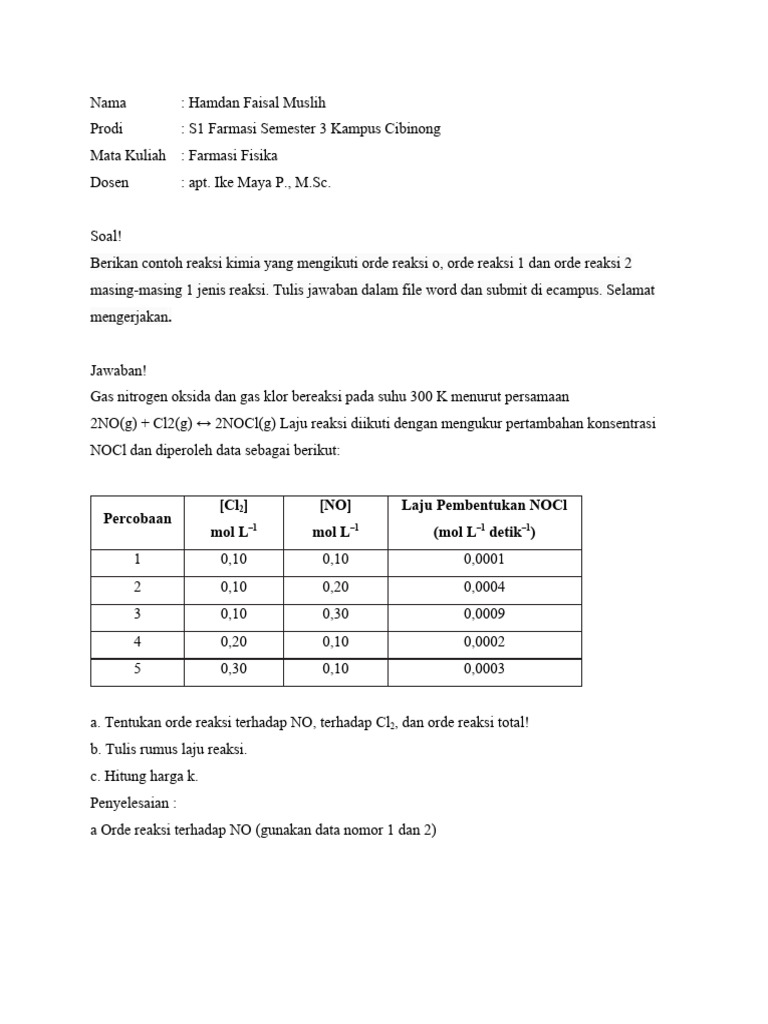 Tugas Farmasi Fisika Contoh Ordo Reaksi (Hamdan Faisal Muslih) | PDF Tugas Farmasi Fisika Contoh Ordo Reaksi (Hamdan Faisal Muslih) | PDF