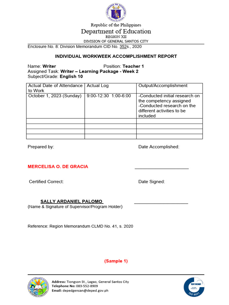 Accomplishment Report Sample | PDF