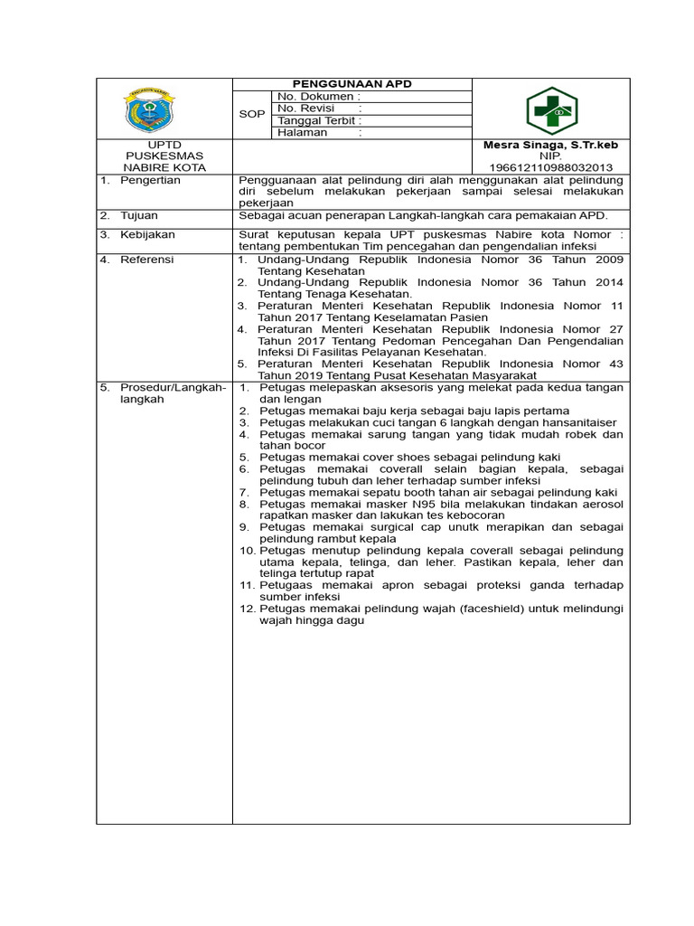 Sop Penggunaan Apd | PDF | Sains & Matematika