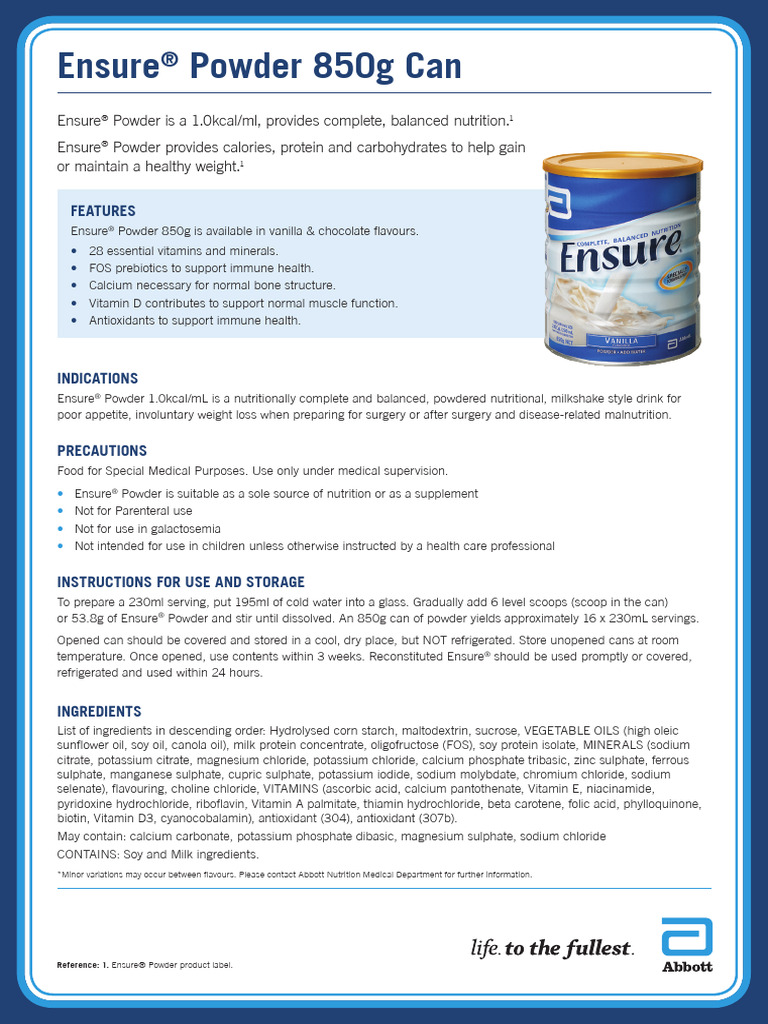 ABB129 Ensure Powder 850g Can Product Sheet A4 - FINAL | PDF ...