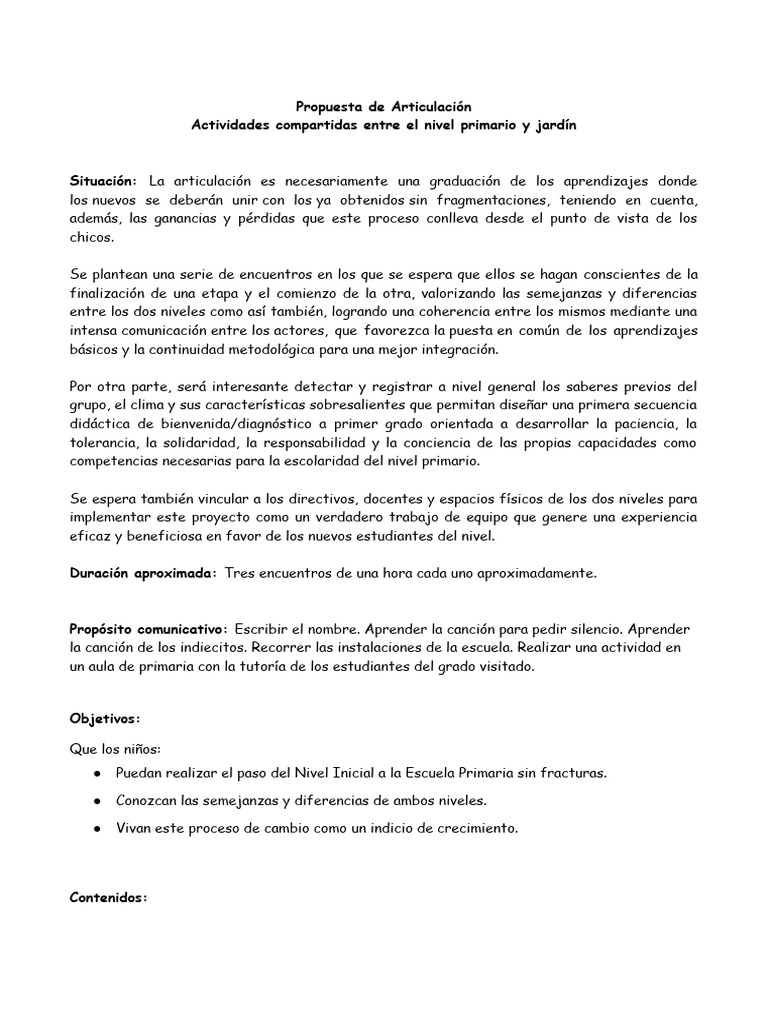 Proyecto de Articulación Primaria Con El Nivel Inicial | Descargar gratis PDF | Educación de la ...