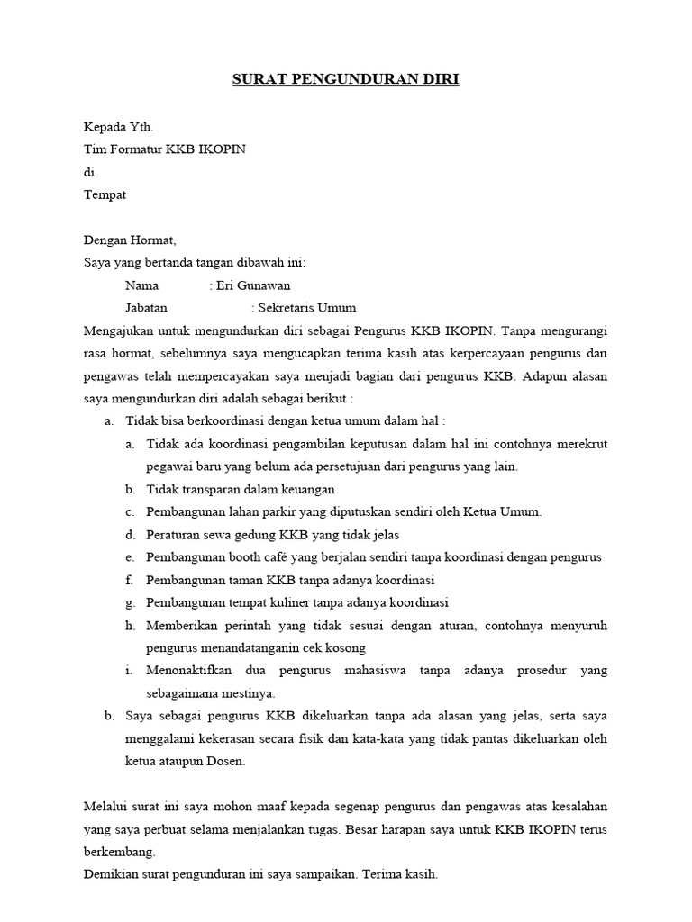 Surat Pengunduran Diri Bersama Pengurus KKB Eri Dan Rere | PDF