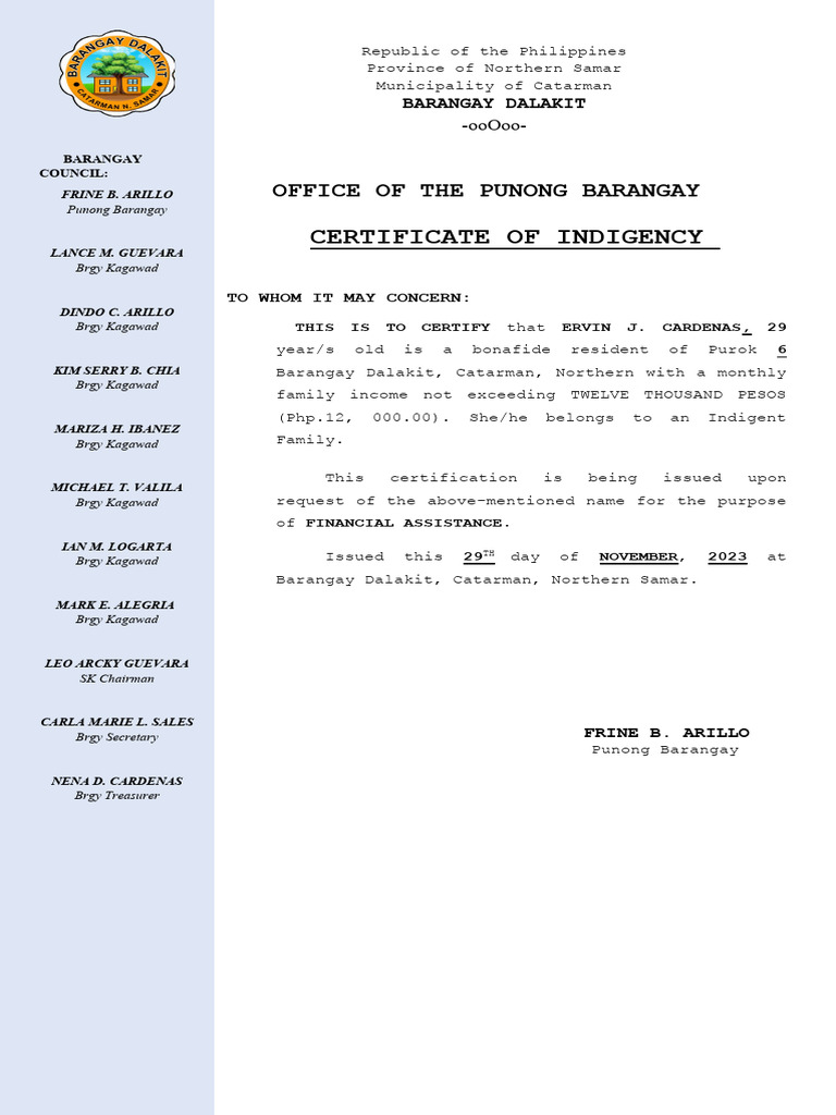 Cert of Indigency New | PDF
