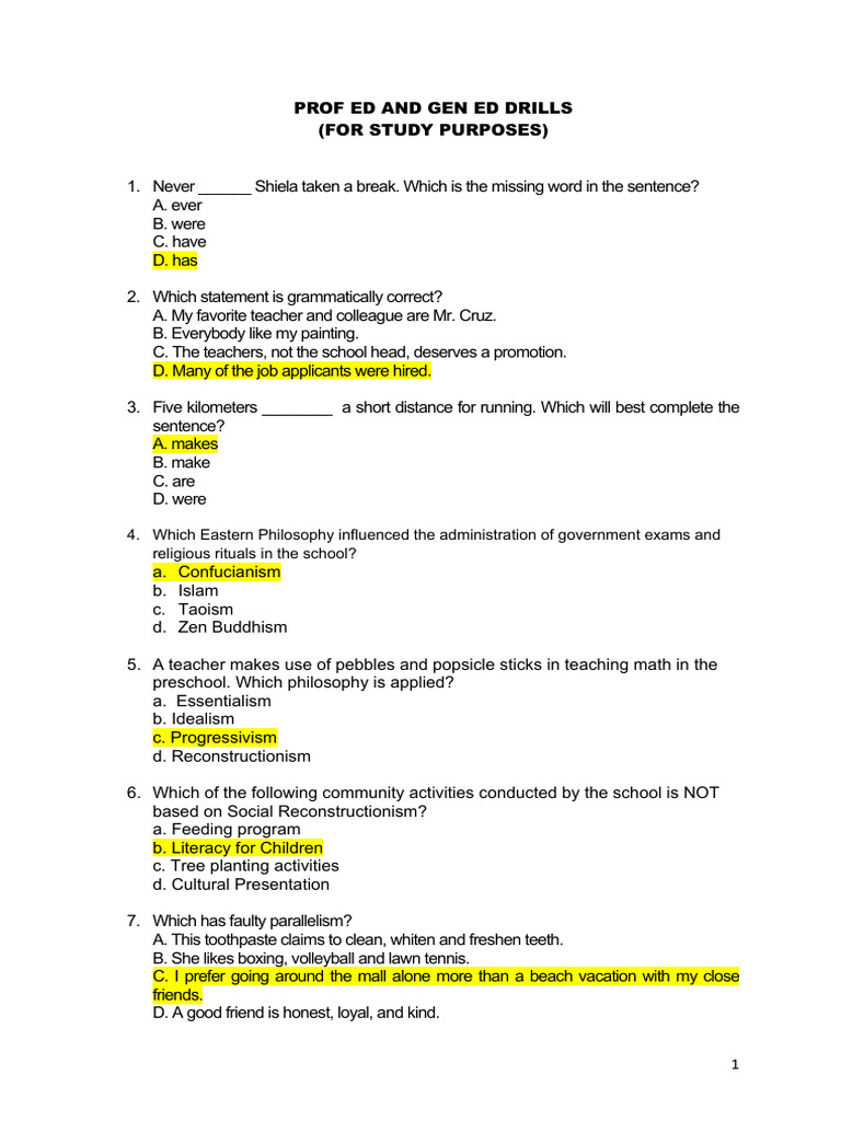 Gen Ed Prof Ed Answer Key For Self Study | PDF | Teachers | Social Equality
