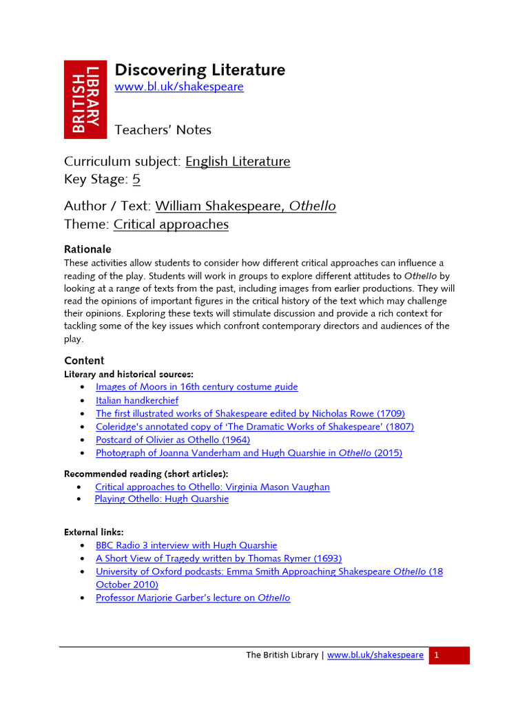 Othello Critical Approaches | PDF | Othello | William Shakespeare