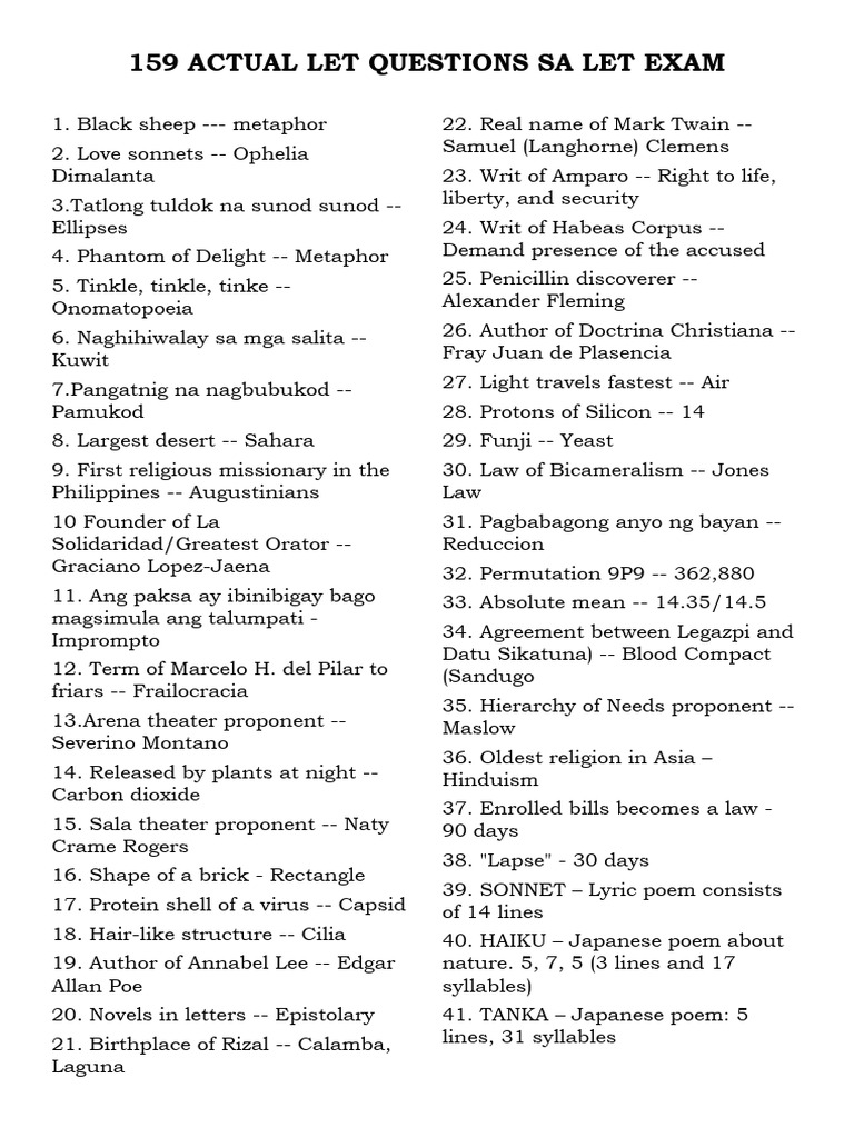 159 Actual Let Questions Sa Let Exam | PDF | Poetry