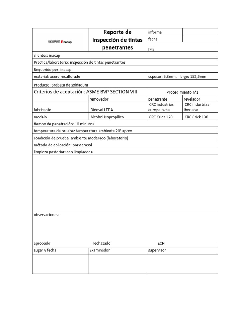 Reporte de Inspección de Tintas Penetrantes-1 | PDF