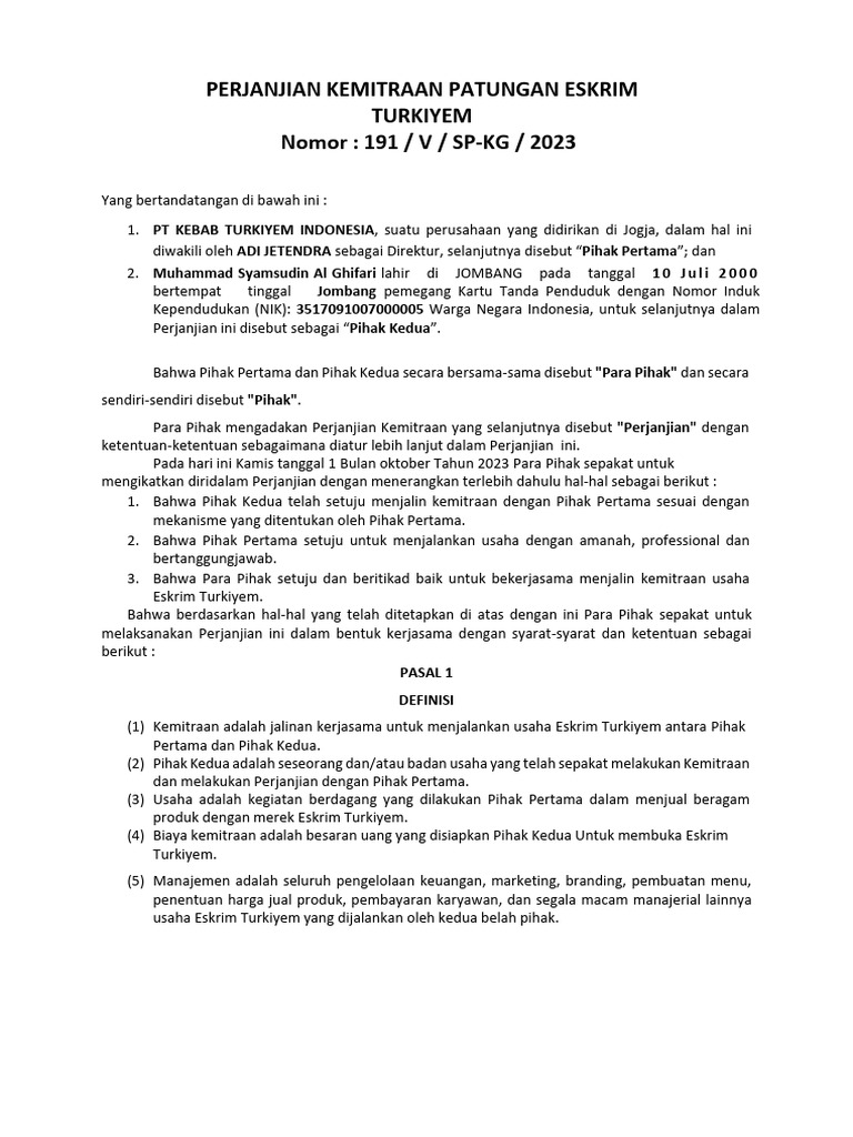 Perjanjian Kemitraan Patungan Eskrim | PDF