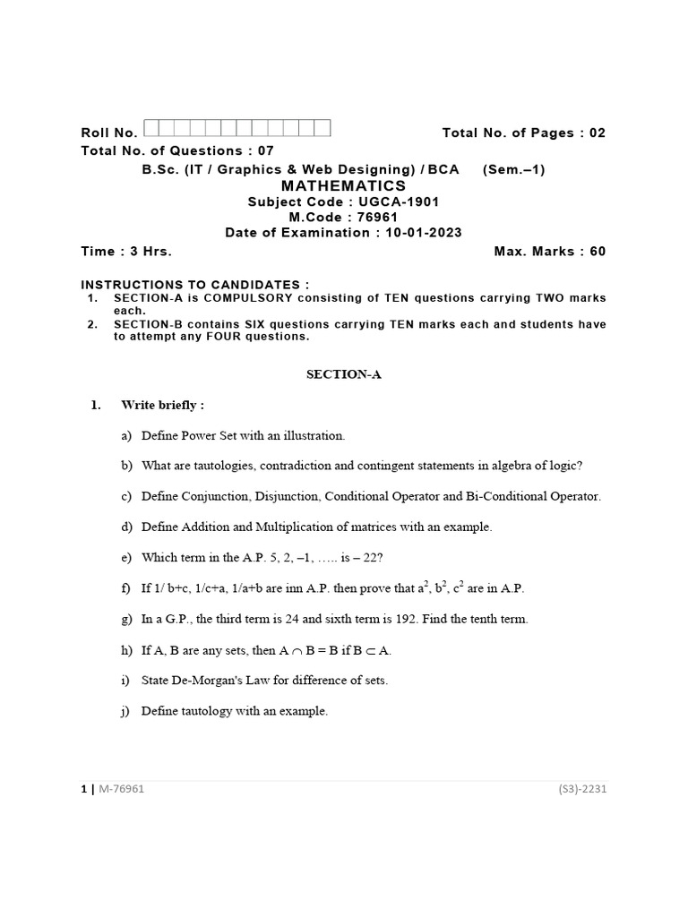 BSC Bca 1 Sem Mathematics 76961 Jan 2023 | PDF | Mathematics | Algebra