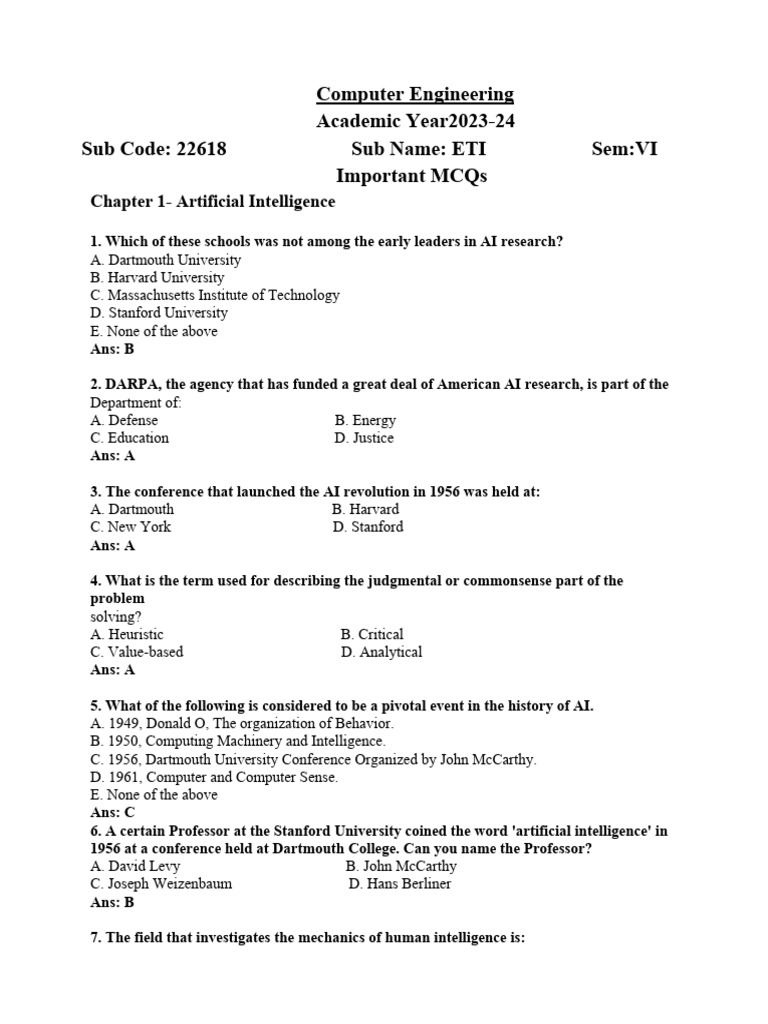 ETI Unit I MCQs | PDF | Artificial Intelligence | Intelligence (AI) & Semantics