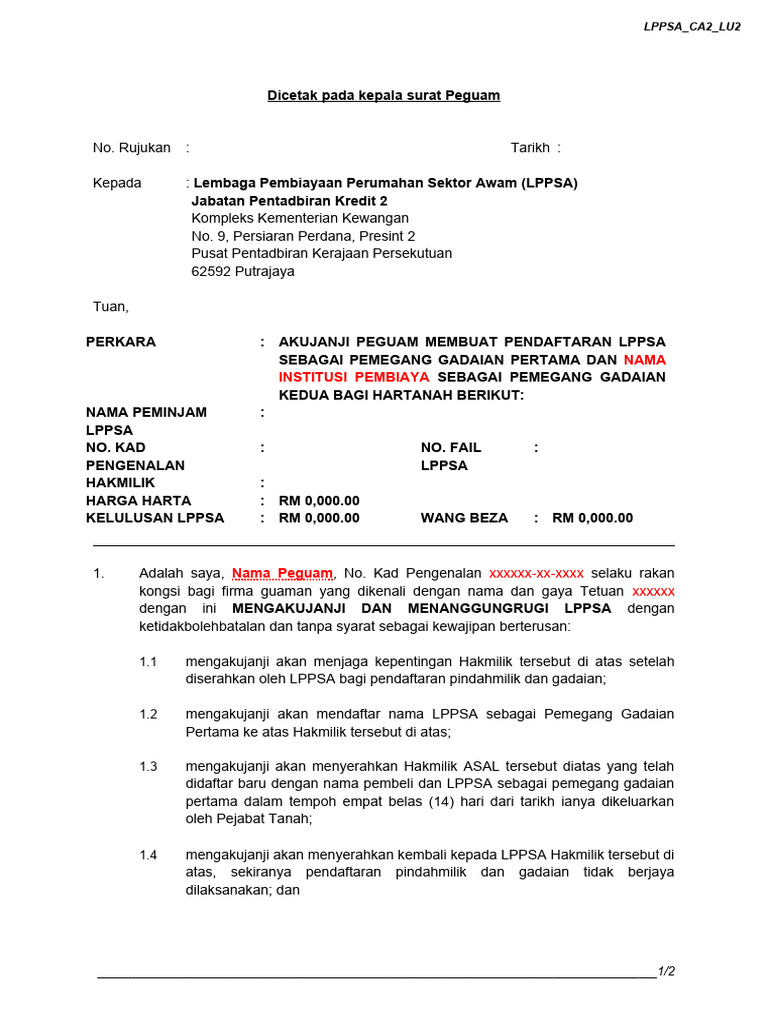 Surat Akujanji Peguam Bagi Permohonan Gadaian Kedua LPPSA - CA2 - LU2 ...
