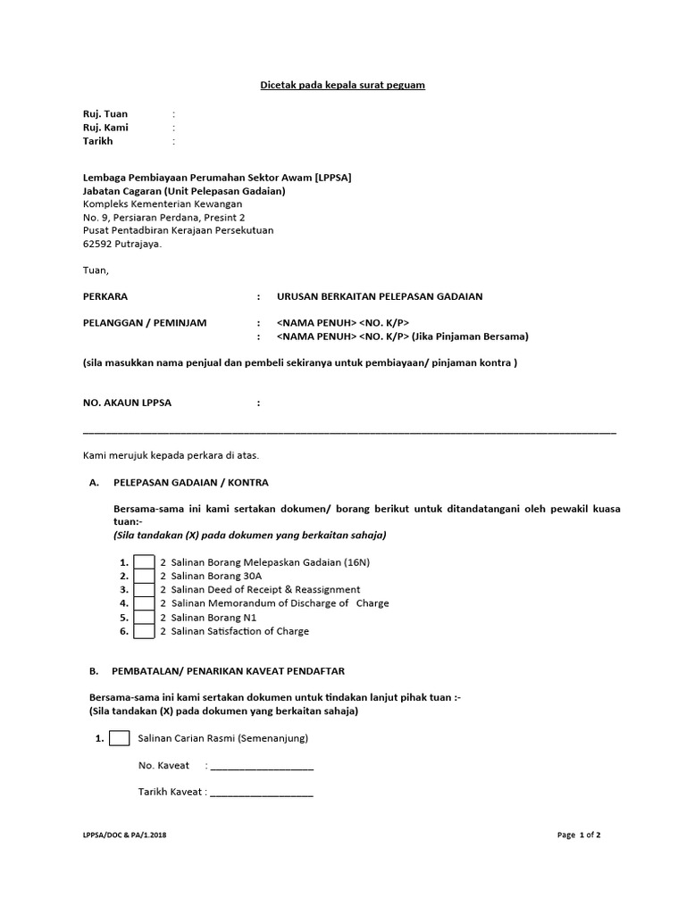 Surat Iringan Standad Bagi Urusan Pelepasan Gadaian LPPSADOC PA1.2018 1 ...