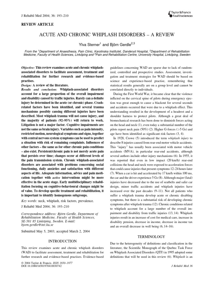Acute and Chronic Whiplash Disorders - A Review: Ylva Sterner and Bjo ...