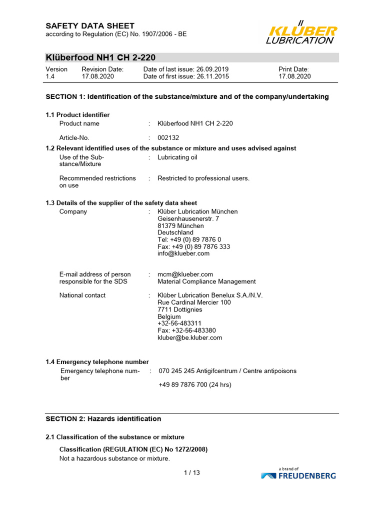 HDS Klüberfood NH1 CH 2-220 | PDF | Personal Protective Equipment | Safety
