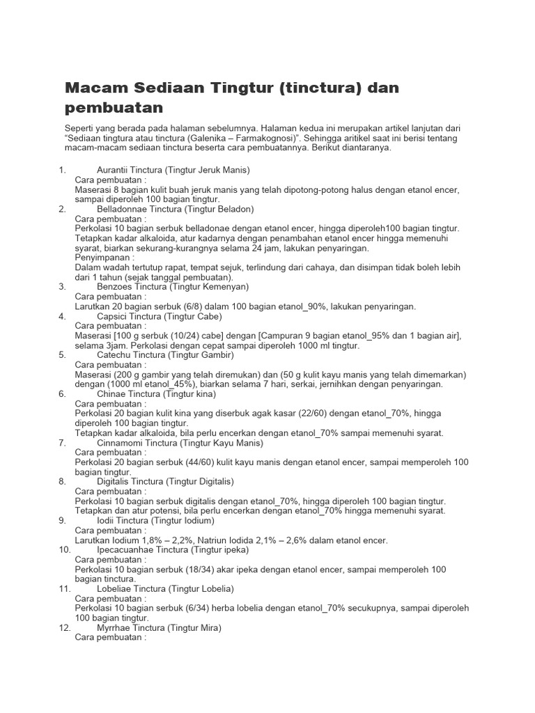 Macam dan Pembuatan Sediaan Tingtur | PDF | Memasak, Makanan, & Anggur