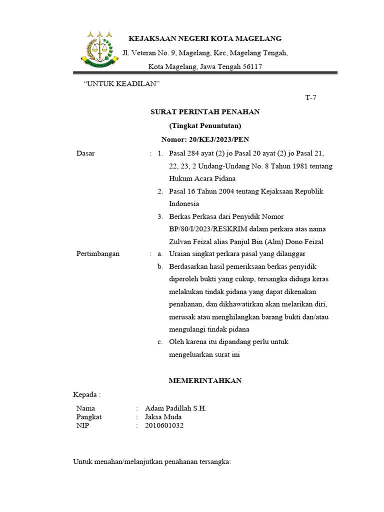 Surat Perintah Penahanan Kejaksaan 2023 | PDF