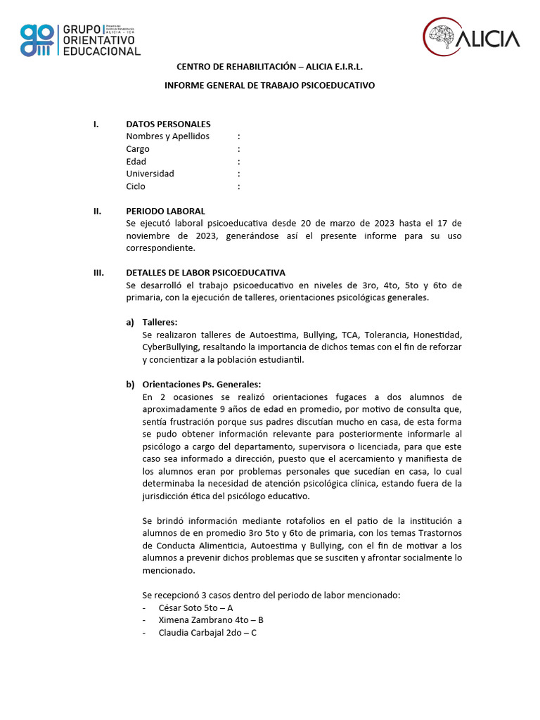 Modelo de Informe General | PDF | Desorden hiperactivo y deficit de ...