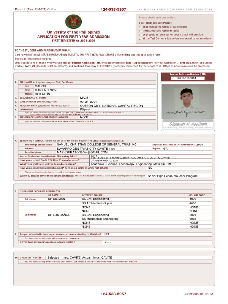 Upcat 2024 Form1 1245385957 | PDF | Science | Engineering