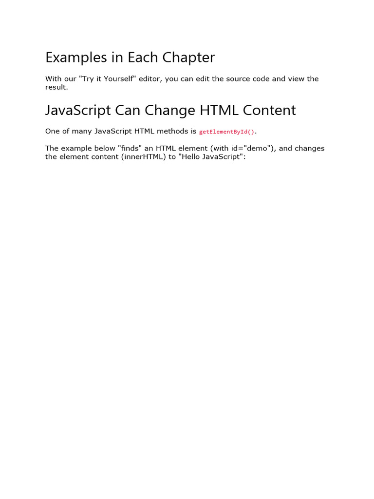 Examples in Each Chapter Javascript Can Change HTML Content ... Examples in Each Chapter Javascript Can Change HTML Content ...