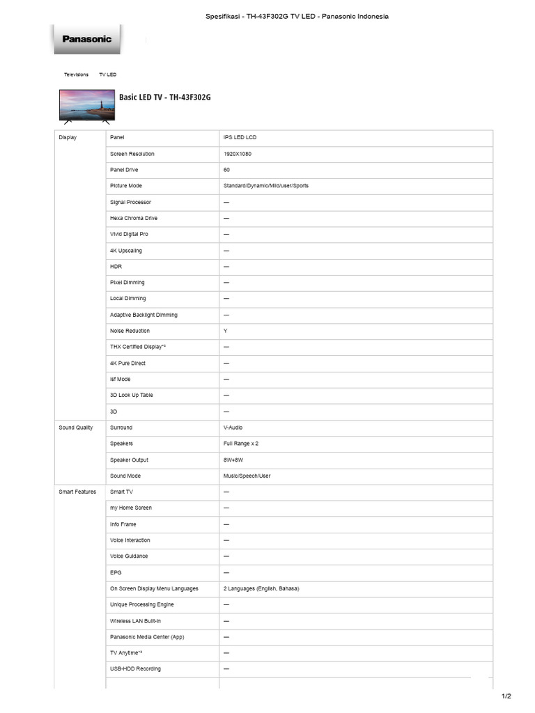Spesifikasi - TH-43F302G TV LED - Panasonic Indonesia | PDF | Backlight | Computer Engineering