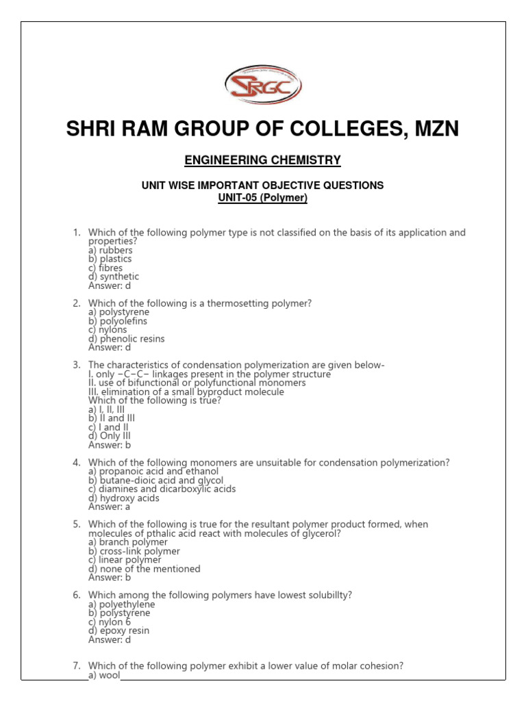 Unit - 5 MCQ's | PDF | Polymers | Composite Material