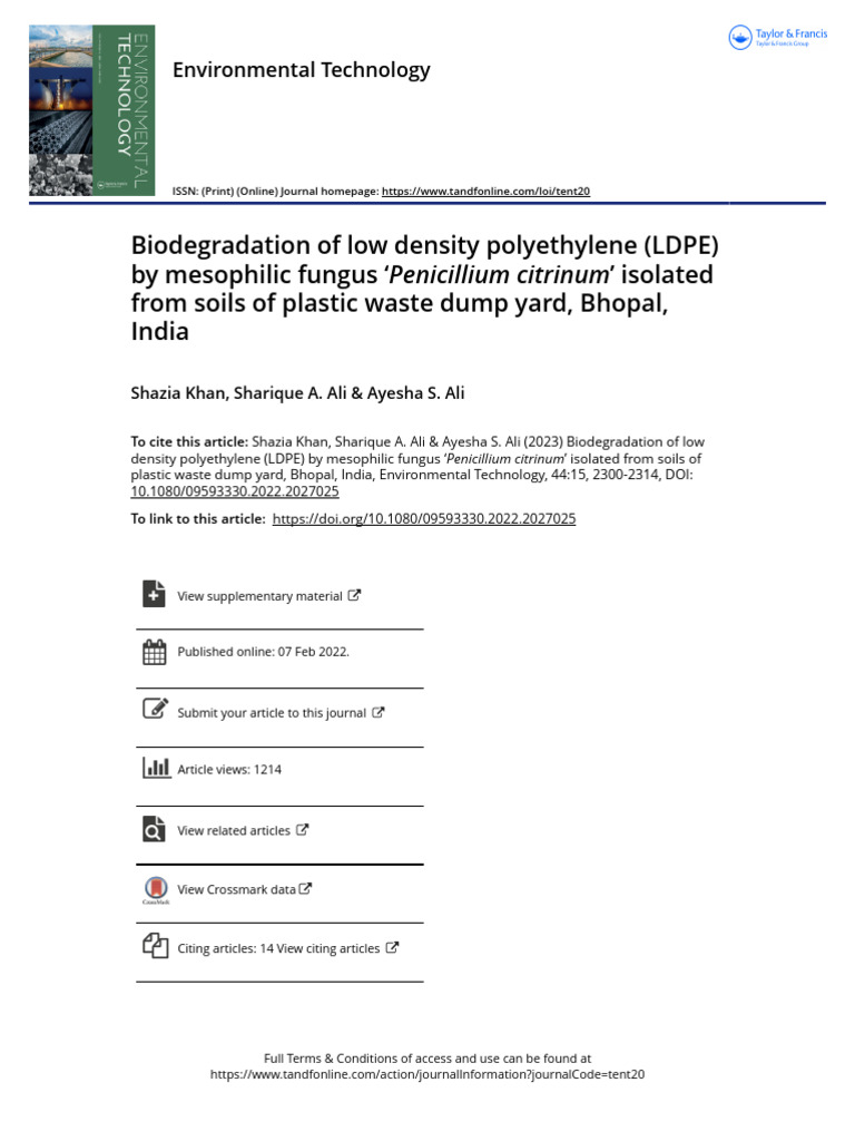 Biodegradation of Low Density Polyethylene LDPE by Mesophilic Fungus Penicillium Citrinum ...