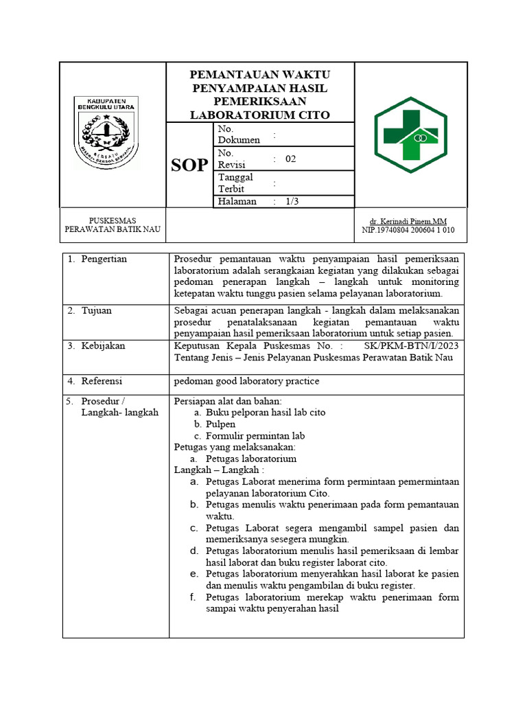 SOP Pemantauan Hasil Lab Cito Atau Urgen | PDF