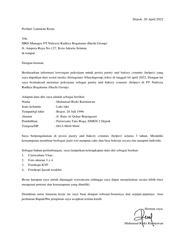 Surat Lamaran Pastry and Bakery Commis (Helper) | PDF