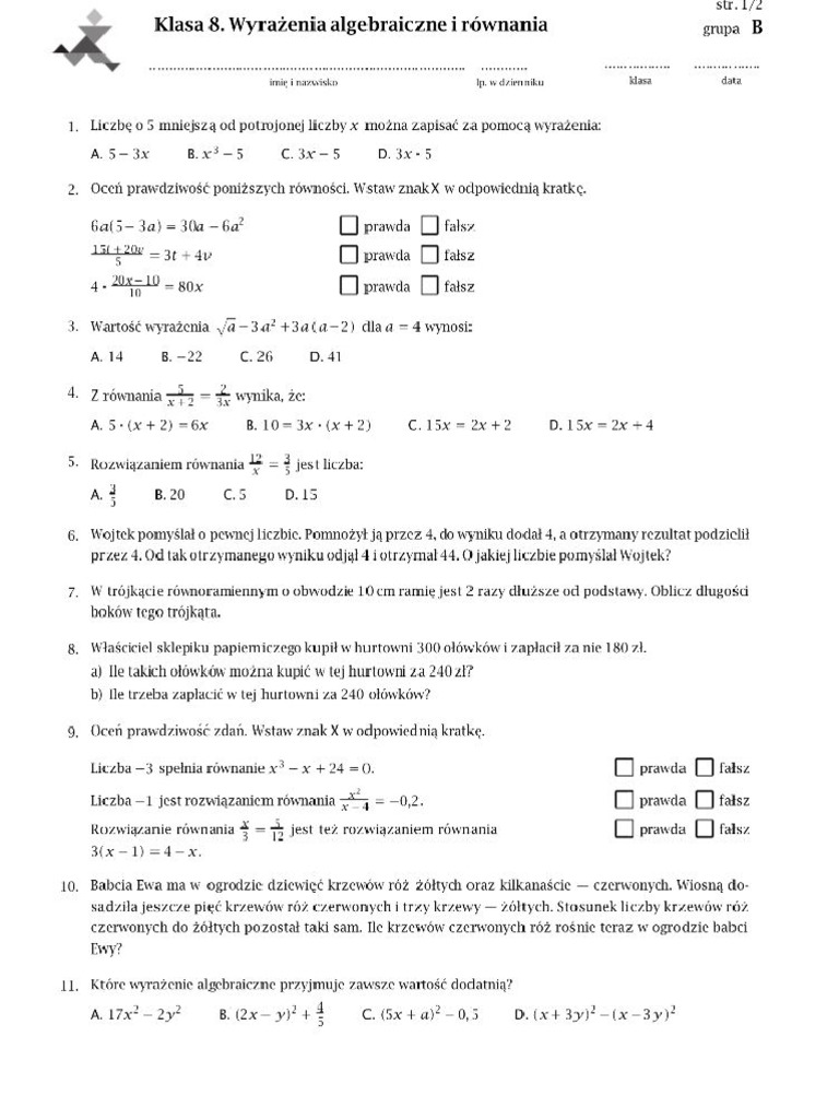 Matematyka Klasa8 Sprawdzian Dział Wyrażenia Algebraiczne | PDF