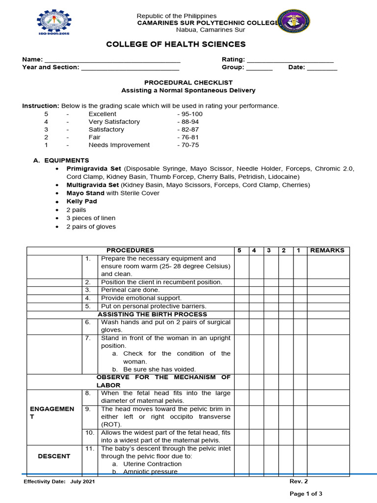 Assisting A Normal Spontaneous Delivery Checklist | PDF | Pelvis ...