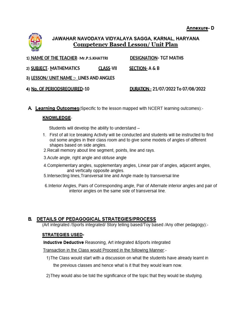 Competency Based Lesson Plan Class Vii Lines & Angles | PDF ...