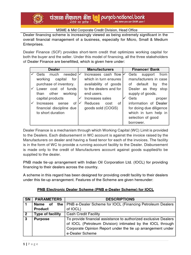PNB Electronic Dealer Scheme (PNB E-Dealer) For Indian Oil Corporation (Iocl) | PDF | Credit ...