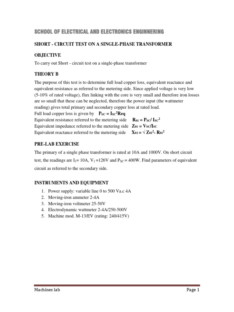 Transformer - Short Circuit Test | PDF | Transformer | Voltage