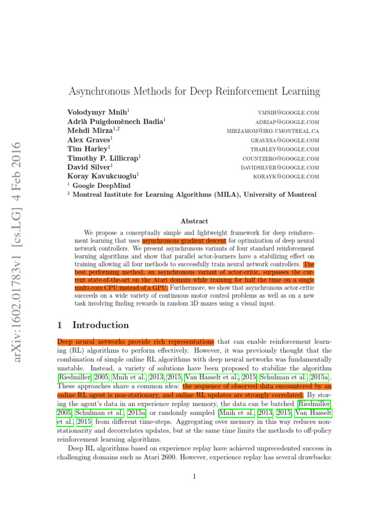 Asynchronous Methods For Deep Reinforcement Learning Pdf Estimator Cognitive Science