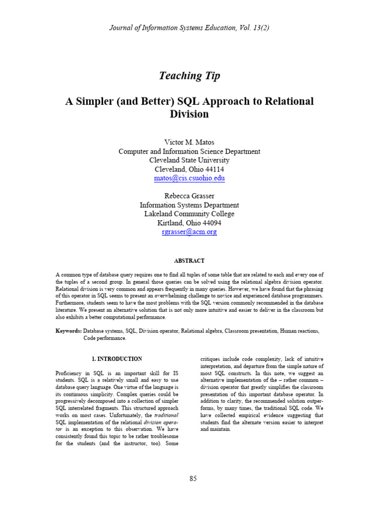 A Simpler (And Better) SQL Approach To Relational Division | PDF | Relational Model | Databases