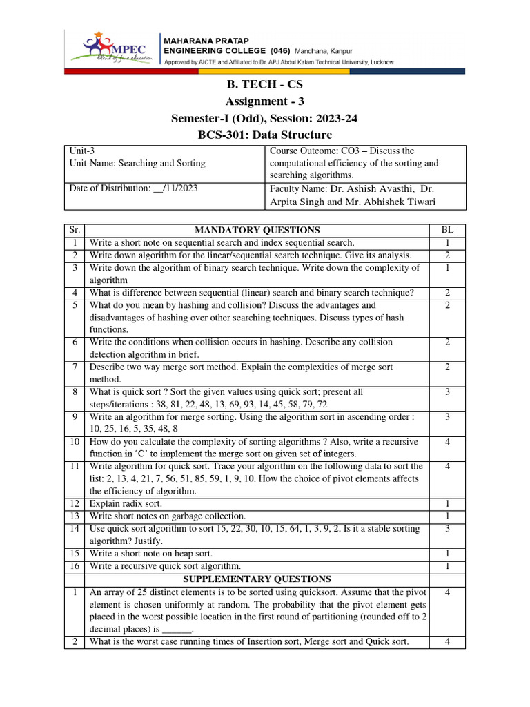 Assignment 3 (Searching & Sorting) | Download Free PDF | Mathematics | Computing