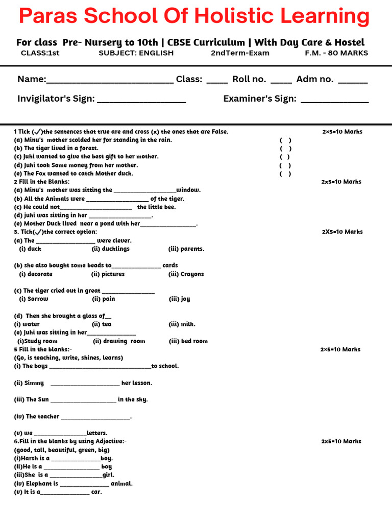 Class - 1 English 2nd Term Exam | PDF