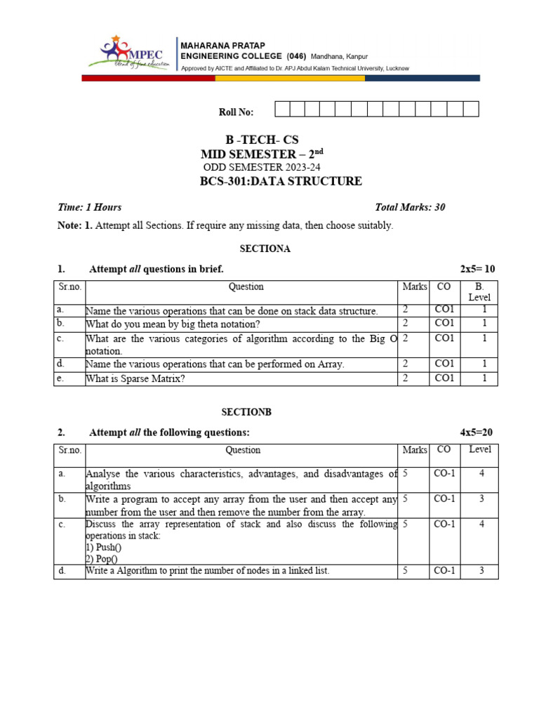 DATASTRUCTUR - BCS301 - Ashish Avasthi - Mid1 | PDF