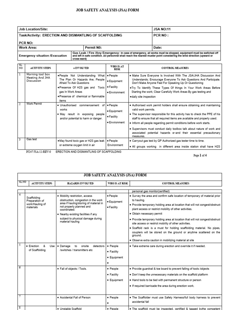 JSA For Erection & Dismantling of Scaffolding | PDF | Scaffolding | Workplace