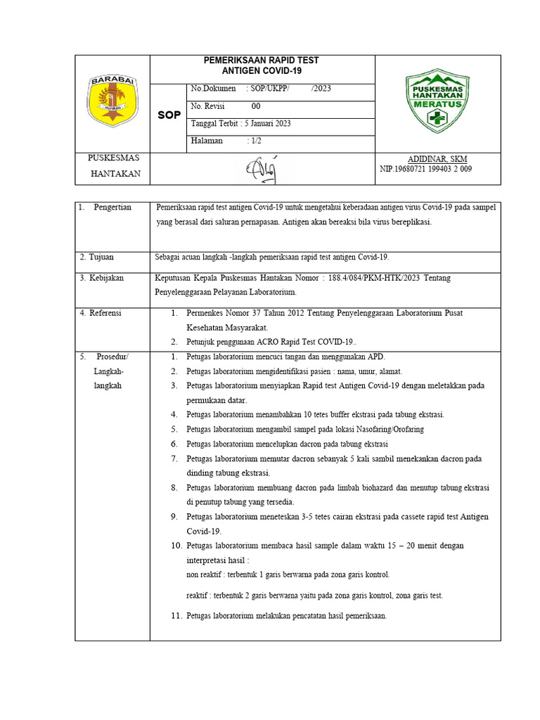 18 Sop Pemeriksaan Swab Antigen | PDF