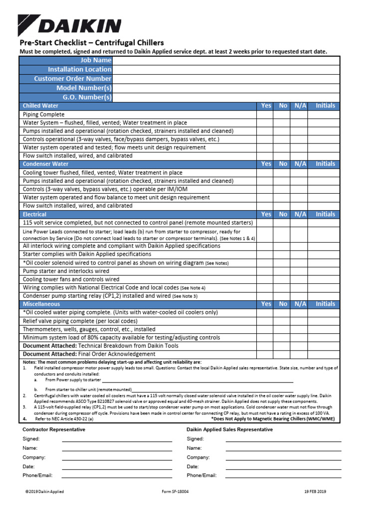 Centrifugal Chiller Pre-Start Checklist | PDF | Pump | Valve