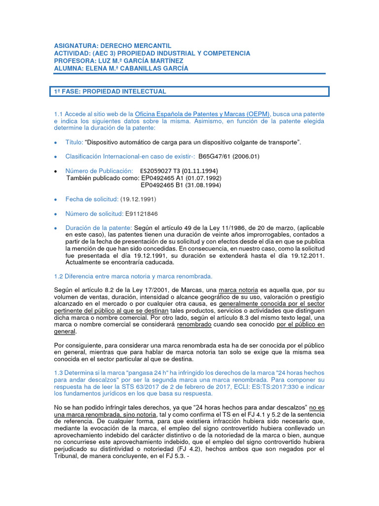 Aec3 - Propiedad Industrial y Competencia - Elena Maria Cabanillas Garcia | PDF | Patentar ...